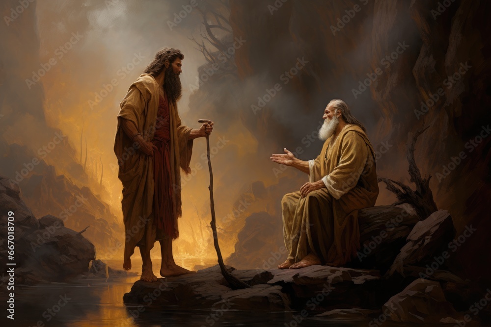Moses' encounter with Jethro, his father-in-law - biblical story Stock ...