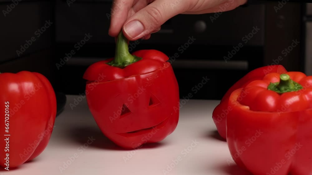 the demo is cutting a scary face in red pepper as part of the step-by ...