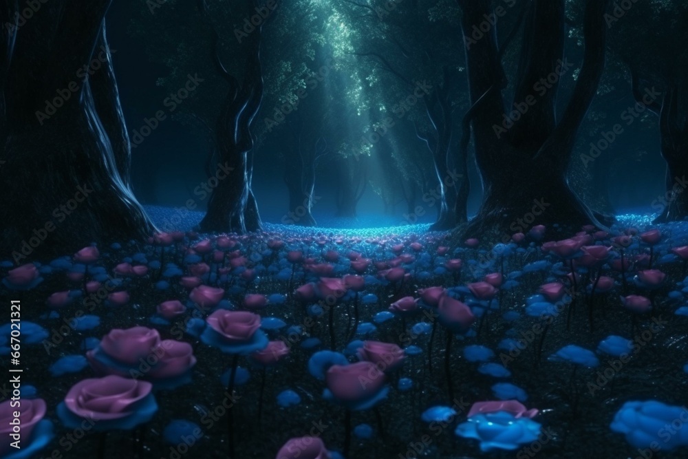 High-definition cg rendering of a dark rose forest with luminous rosea ...