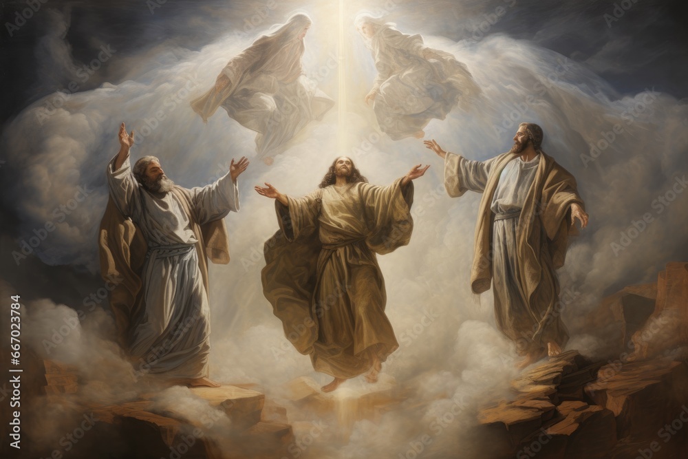 The transfiguration with Moses, Elijah, and Jesus biblical story Stock ...