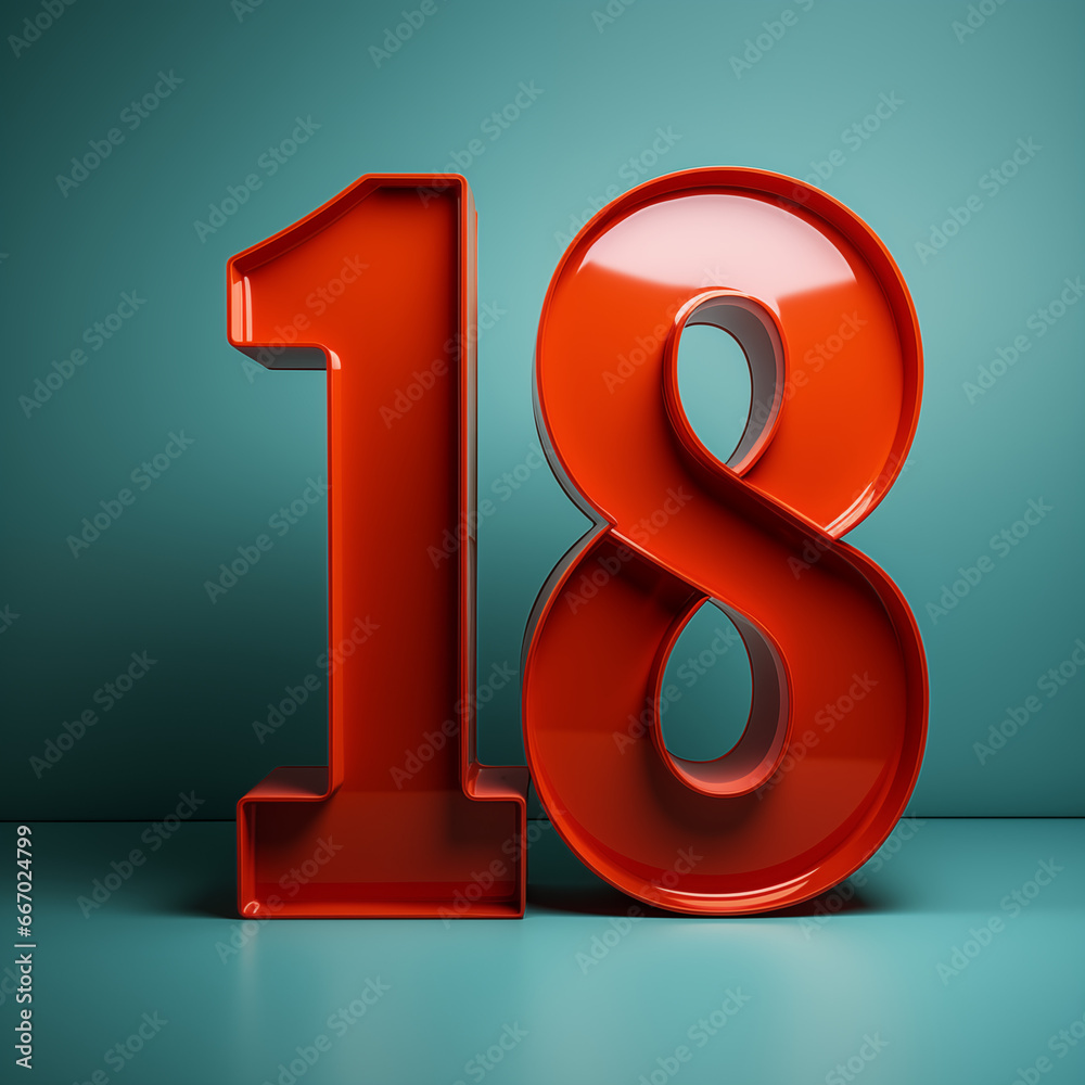 Número diez y ocho, 18, logo o símbolo, letras rojas fondo azul ...