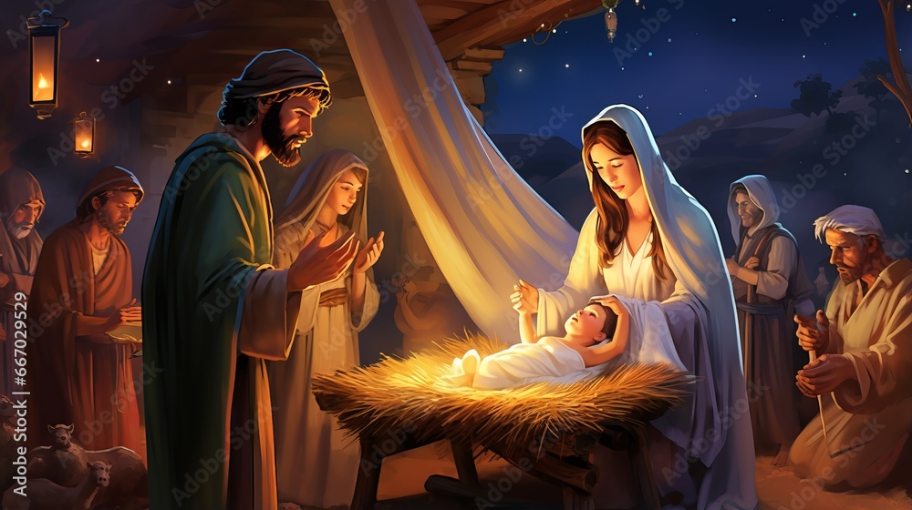 charming nativity scene cartoon illustration with holy family, wise men ...