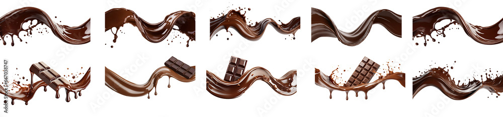 Collection of dark creamy chocolate bars with Choco wave splashes and ...