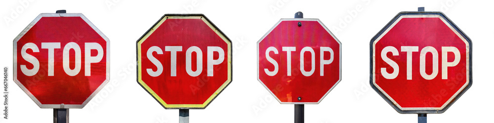 Set of realistic road traffic stop sign posts, prohibited, red signs ...
