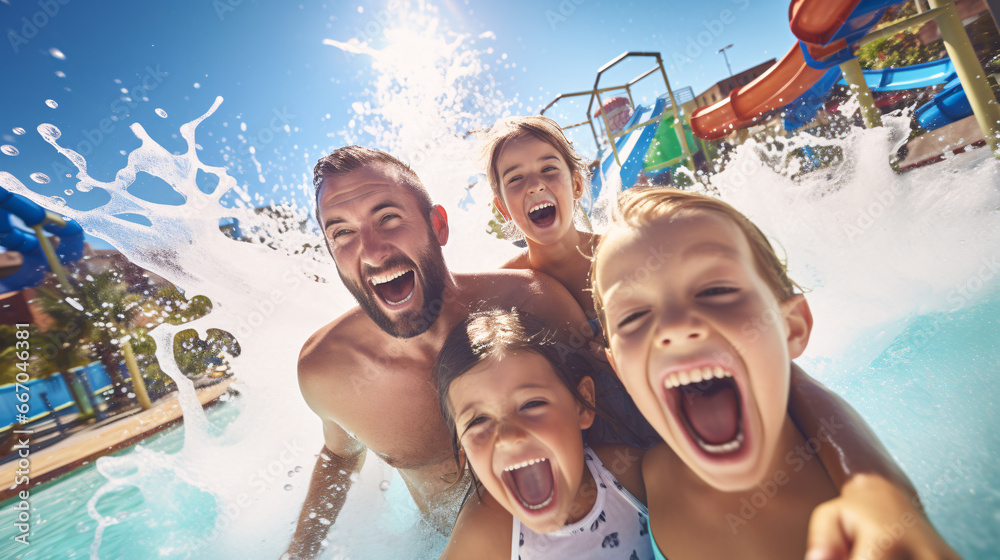 A joyful family is having a fantastic time at the water park. The ...