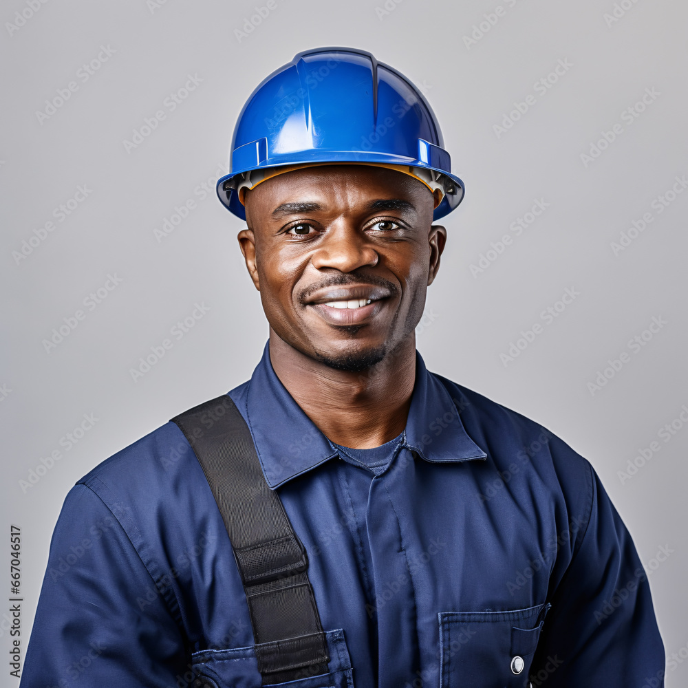 The Black African worker, dressed in blue blouse and white construction ...