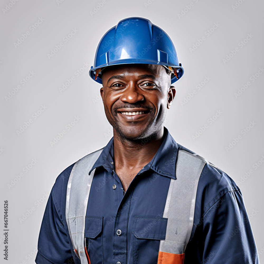 The Black African worker, dressed in blue blouse and white construction ...
