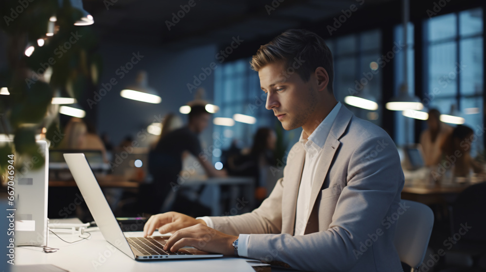 In a modern, pristine office, a diligent professional is focused on her ...