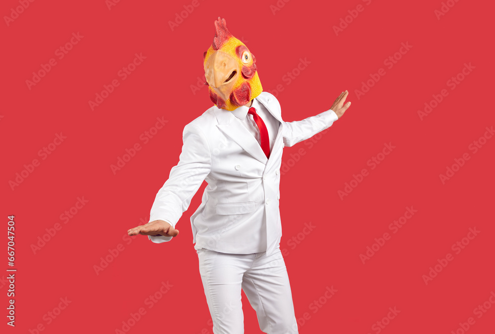 Wacky chicken guy having fun at crazy animal disco party. Happy excited ...