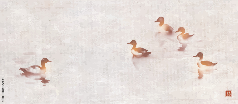 Traditional Sumi-e ink painting of a flock of ducks swimming in water ...