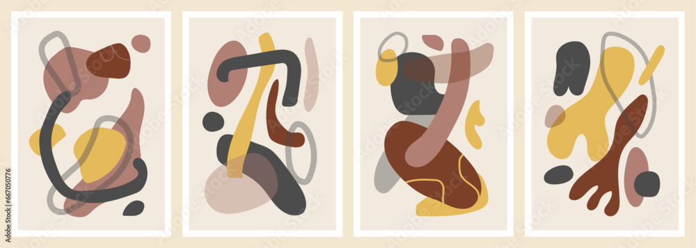 Boho poster set. Colorful organic forms. Hand drawn simple shapes. Flat ...