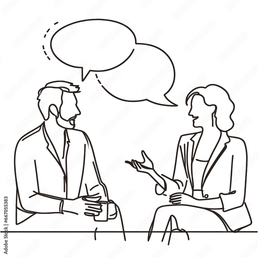 adult man and woman having conversation together - one line drawing ...