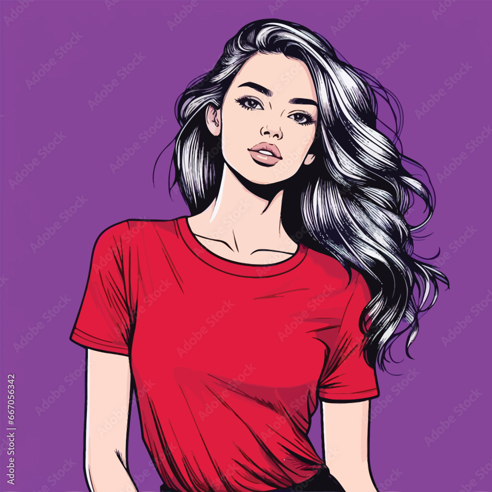 beautiful woman with perfect posing in red t-shirt on the purple ...