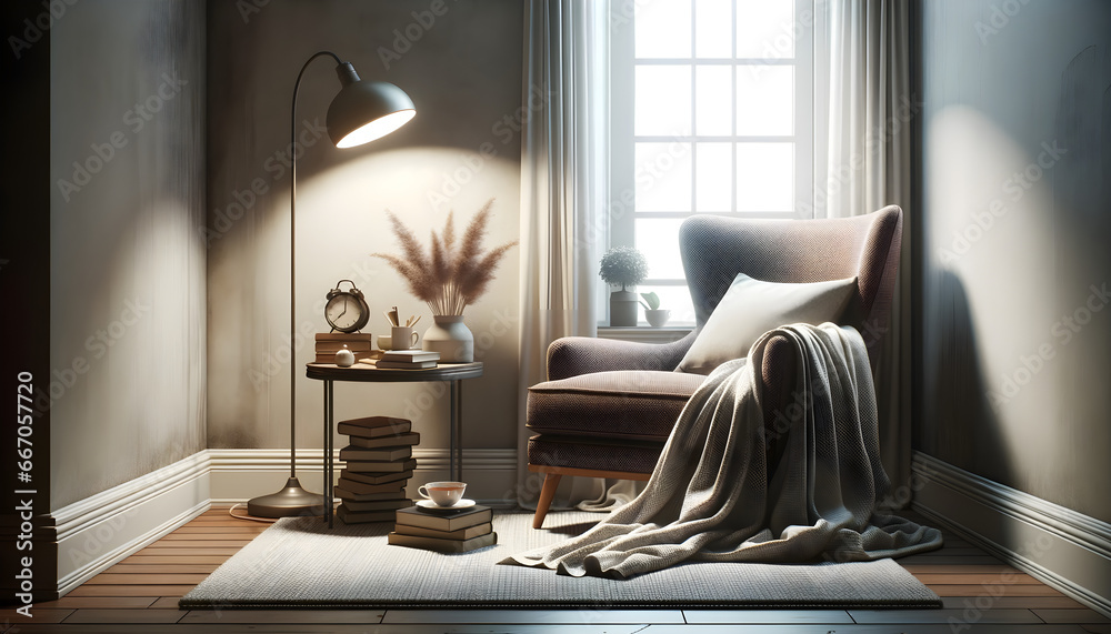 Horizontal image of a snug reading nook by the window. The scene is ...