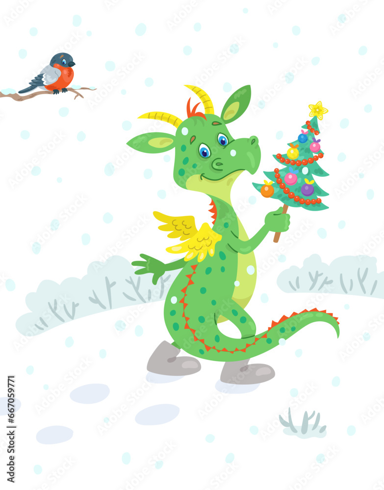 Funny little dragon in felt boots walks through a winter meadow with a ...