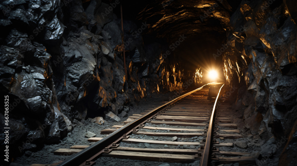 Underground mining using railroad tracks With copy space Stock ...