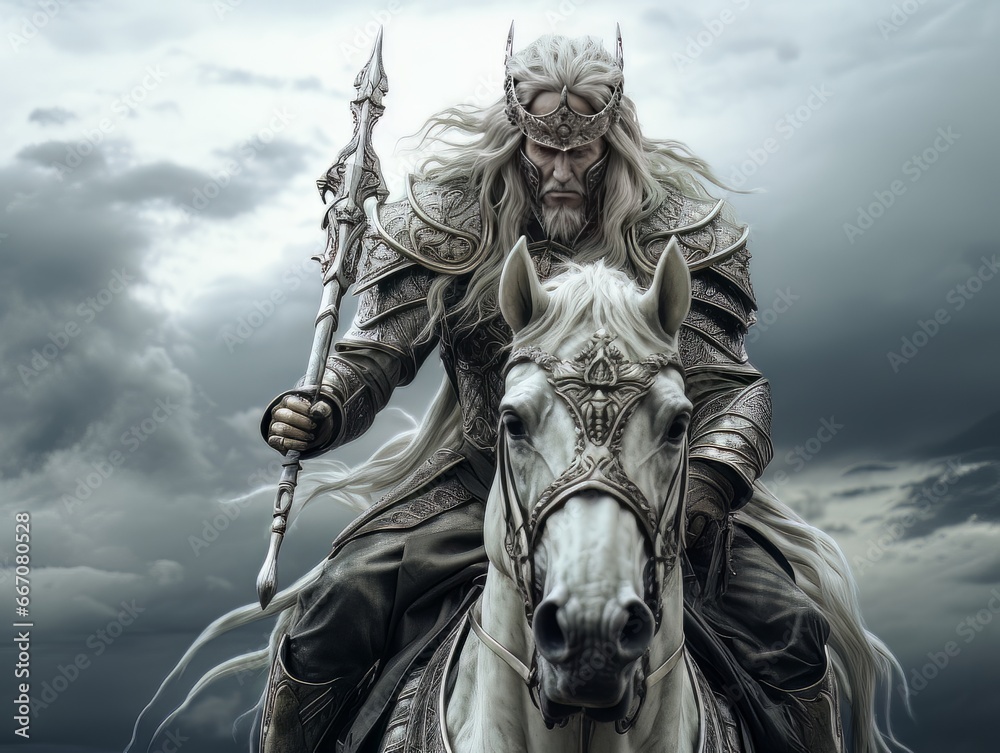 White horseman of apocalypse warrior in silver armor riding white horse ...