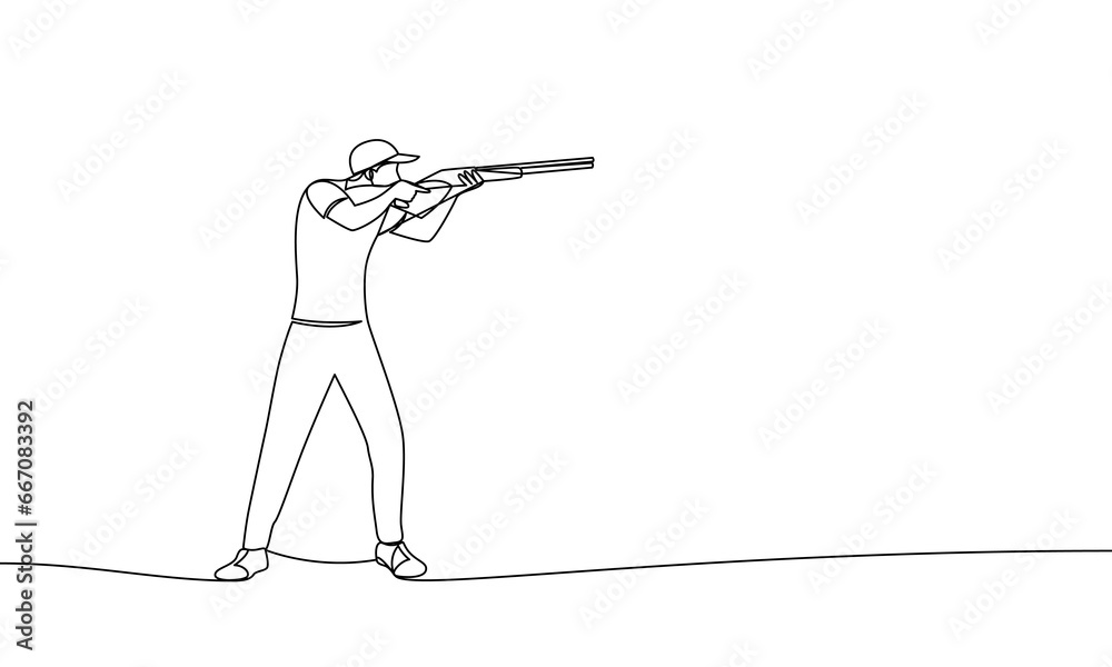 Single continuous drawing of a man shooting. Shooting, sports. One line ...