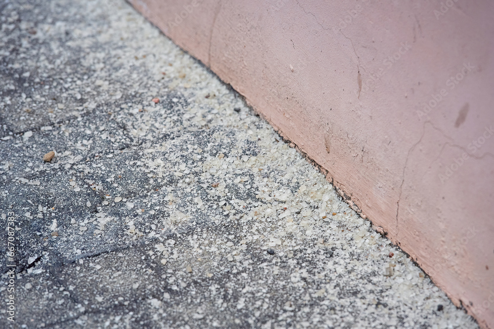 Salt crystals on pedestrian paving slabs, salting sidewalk. Salty ...
