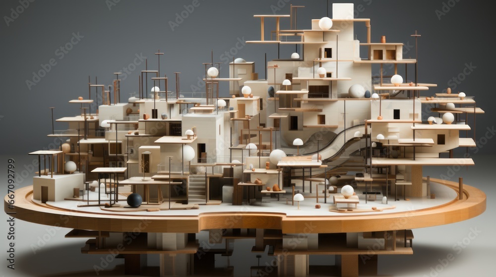 A towering metropolis crafted from bricks, with a ship-shaped ...