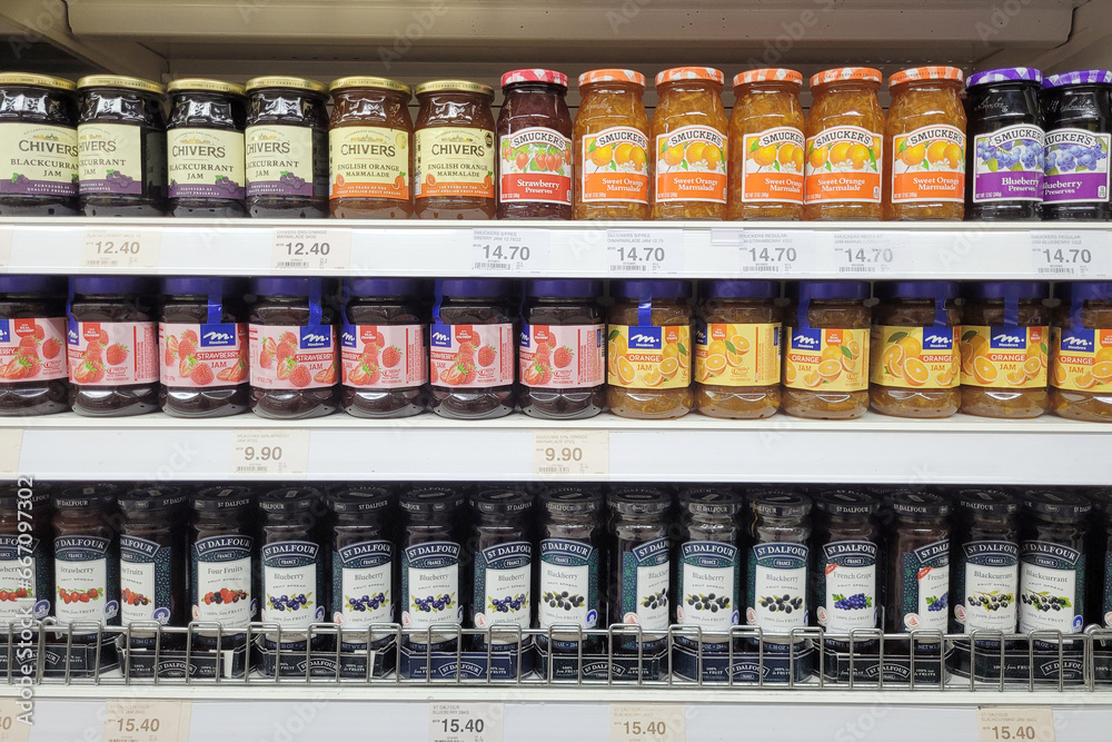 PENANG, MALAYSIA - 6 OCT 2023: A variety of spreadable jams are ...