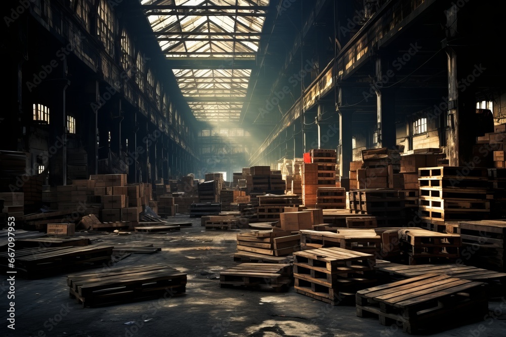 Old and dilapidated warehouse with protruding crates and a damaged roof ...