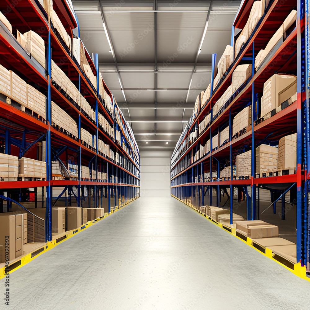 Retail warehouse full of shelves with goods in cartons, with pallets ...