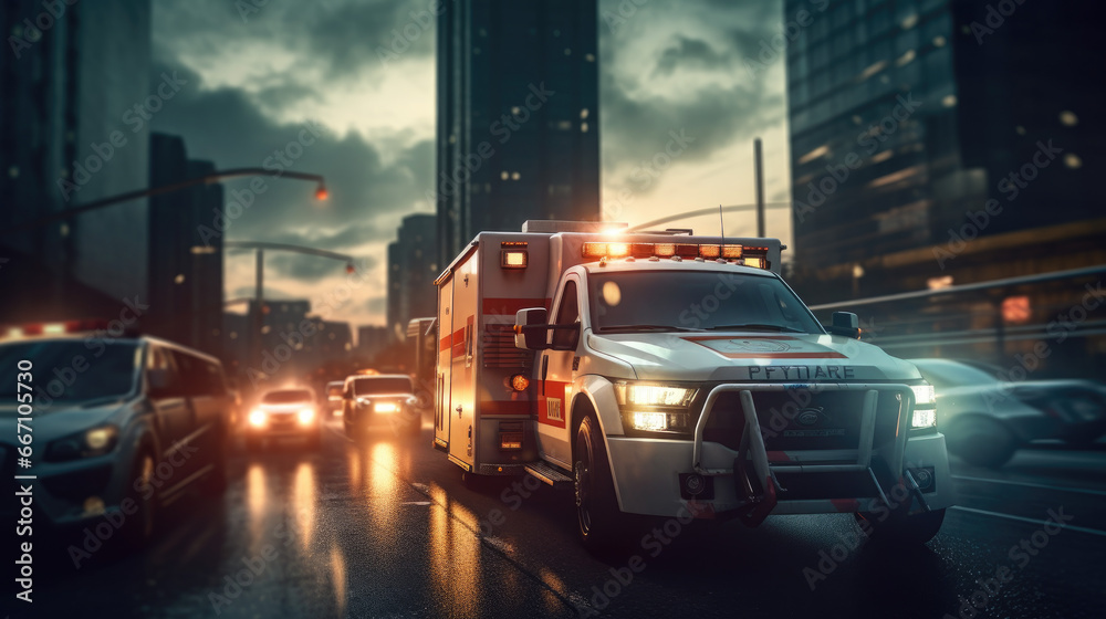 A Medical emergency ambulance driving during traffic jam on city road ...