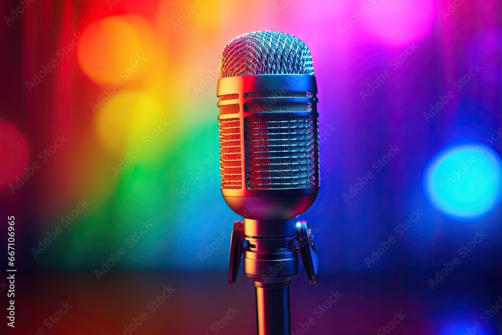 Sonic performance. Live stage microphone in spotlight. Rocking mic ...