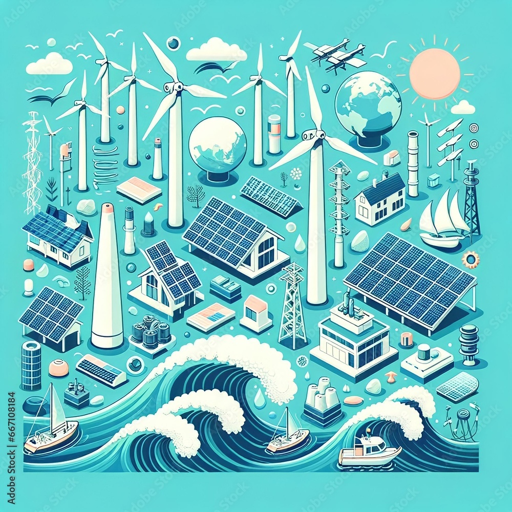 vector depiction of a collection of sustainable energy solutions, such ...
