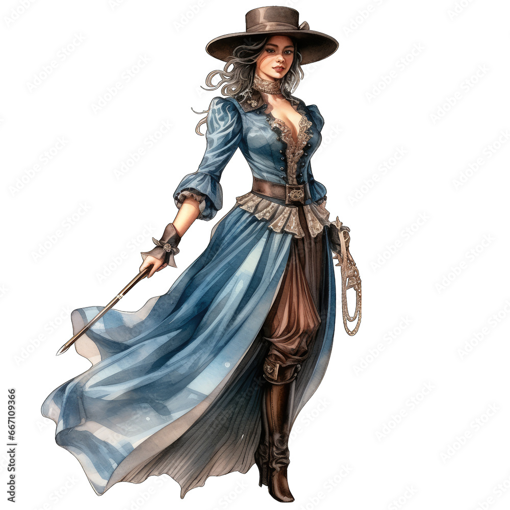 Wild west woman madame, wearing traditional madame style fashion from the 1800s. Isolated on ...