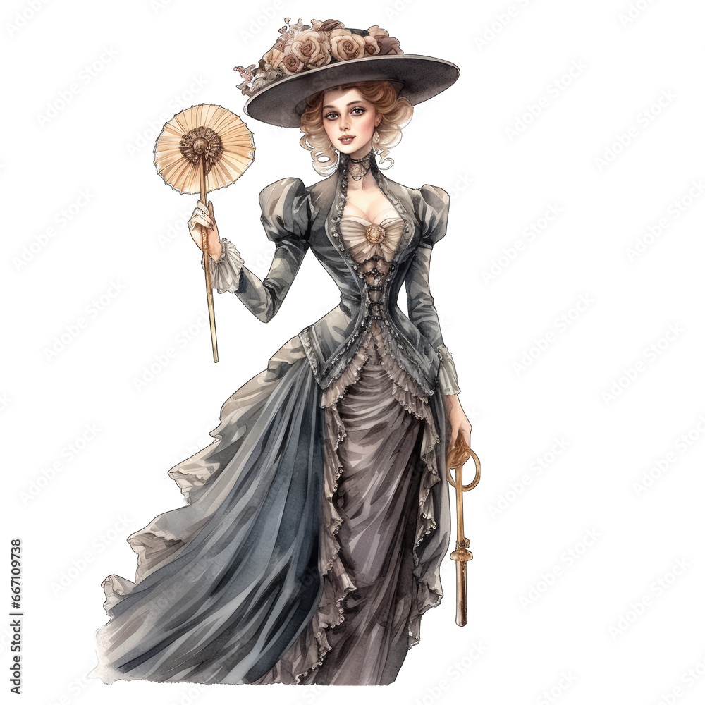 Wild west woman madame, wearing traditional madame style fashion from the 1800s. Isolated on ...