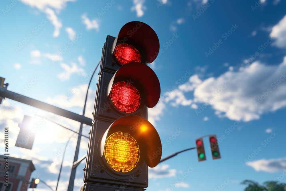 A picture of a traffic light showing the red and yellow lights. This ...