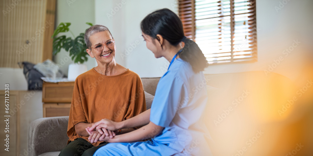 Empathy, trust and nurse caregiver holding hands with patient ...