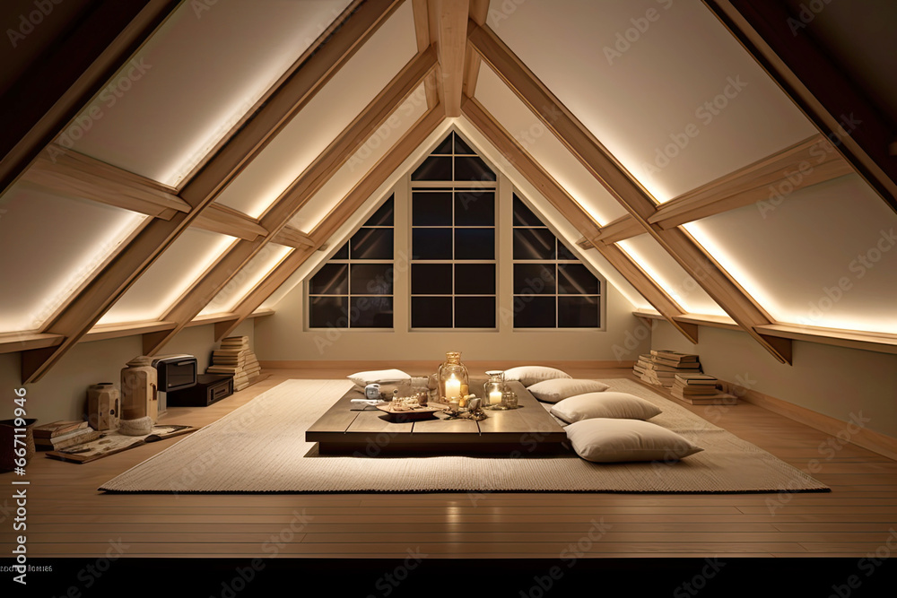 Attic floor inspired by Japanese Zen aesthetics. Tatami mats, shoji ...