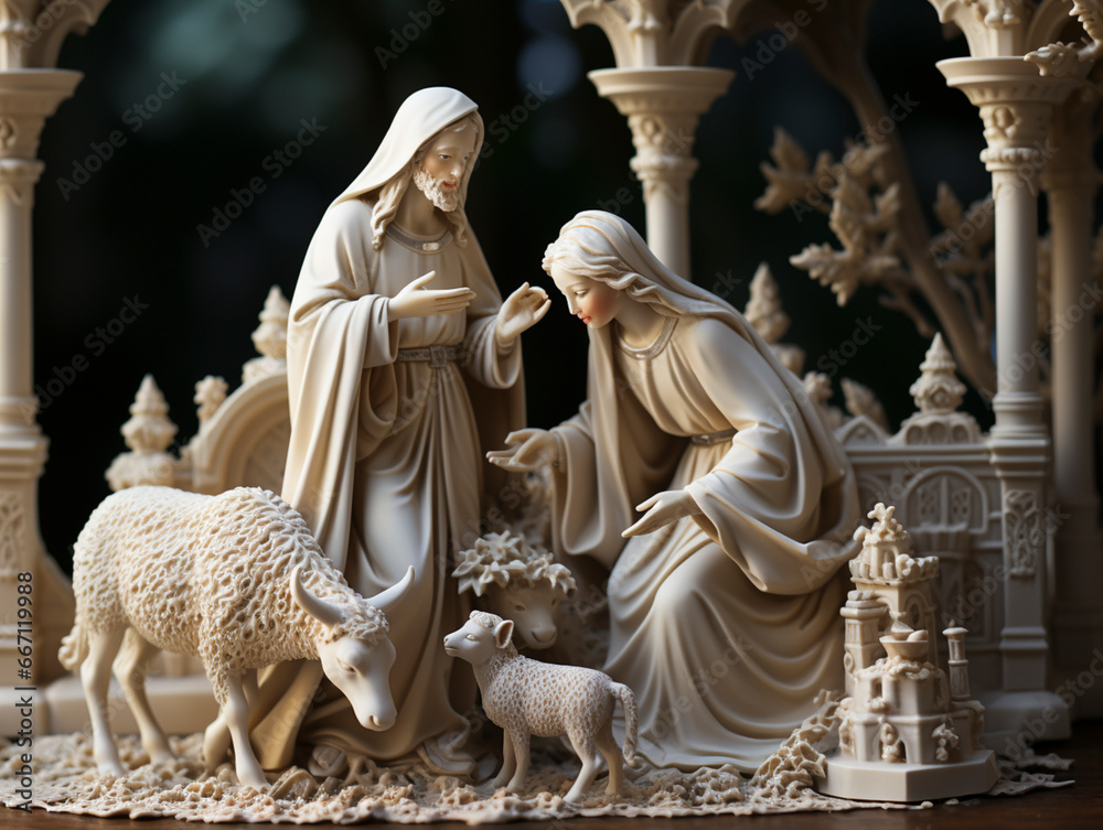 Christmas nativity scene, with the three kings, sheep and donkeys and ...