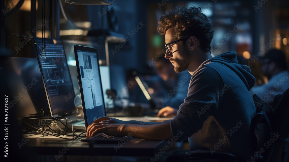 candid male programmer deeply engrossed in his work, showcasing passion ...