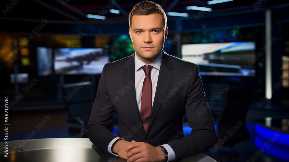 portrait of TV announcer man in a modern tv studio news Stock Photo ...
