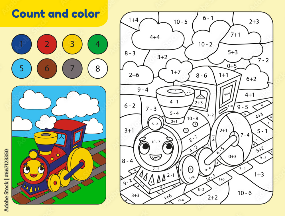 Cheerful train - coloring page for kids. Tasks for addition and ...