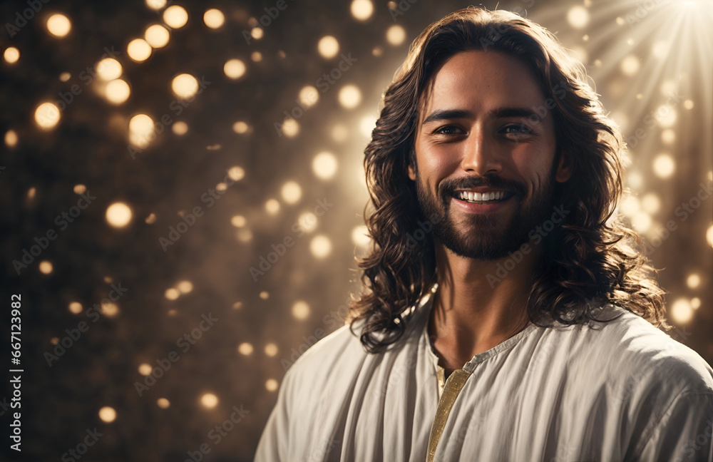 Jesus Christ smiling with bokeh lights background. Religious concept ...