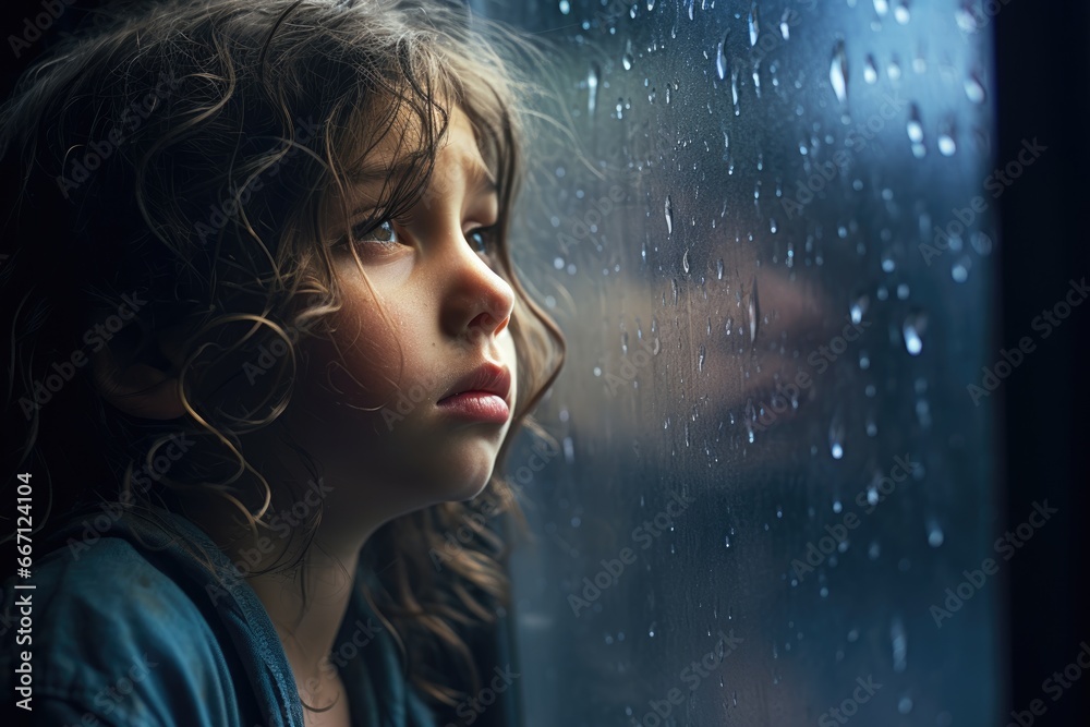 A sad girl looking out of a window. raining, reflections of the child ...