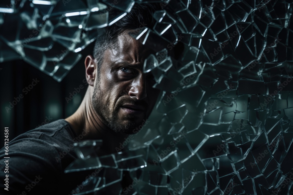 Tough senior mature aged handsome man in front of shattering glass ...
