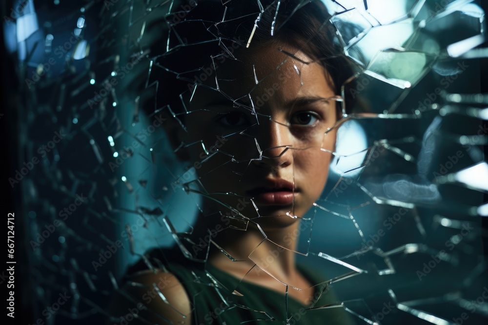 teen girl. partially in shadow. sad woman looking through a broken ...