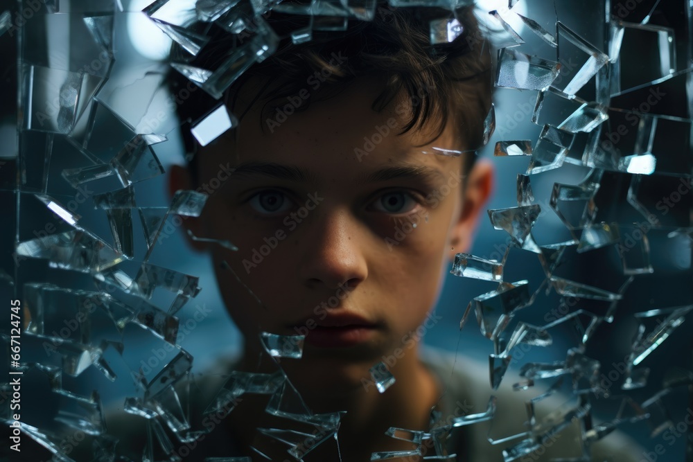 Young boy in front of a shattered glass. Handsome young teen. Lad, boy ...
