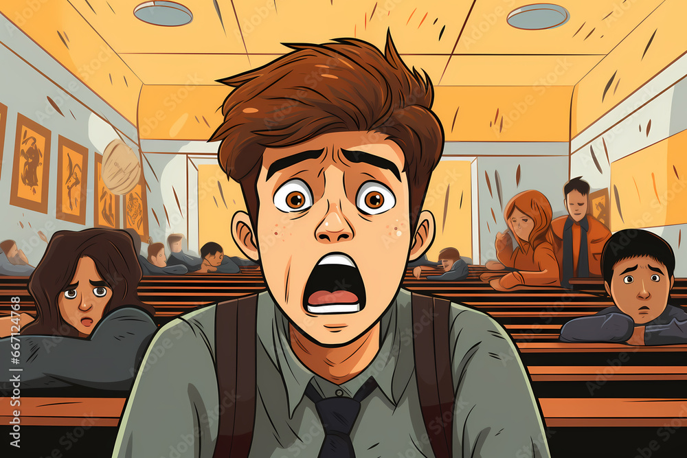A shocked teenager screaming at his desk in a classroom. A portrait of ...