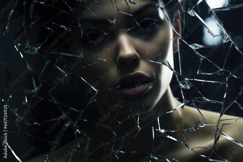 angry latina woman. sad woman looking through a broken shattered glass ...