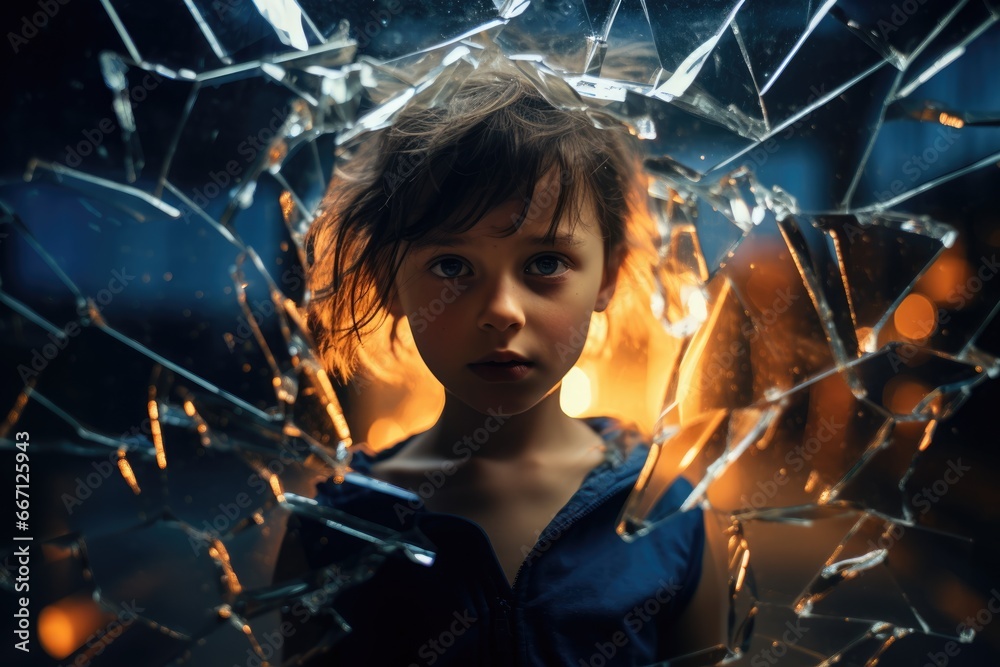 sad toddler looking through the shattered glass. Solitude and Sorrow ...
