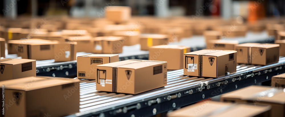stack of boxes. Parcels at the sorting center. Large production ...