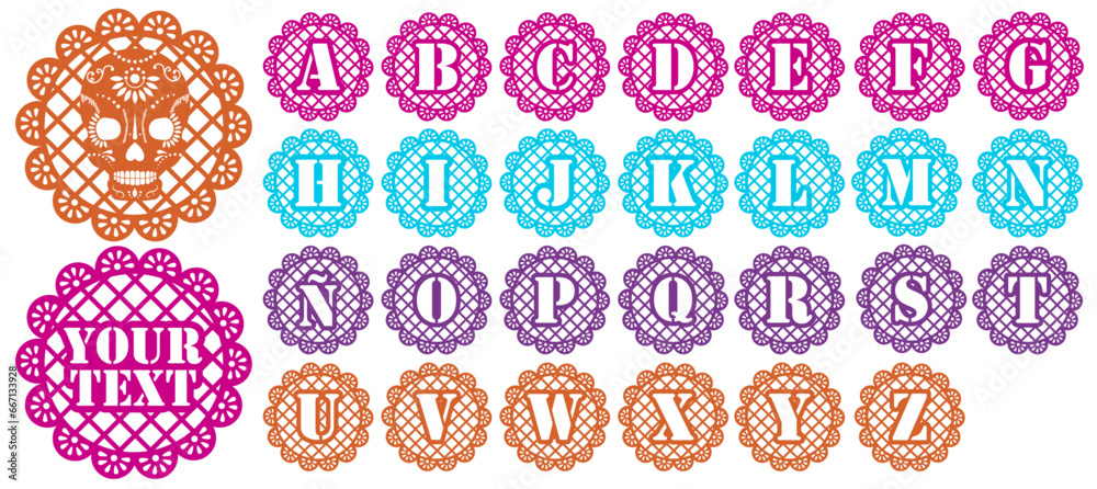 Papel picado redondo con las letras del abecedario y con una calavera ...