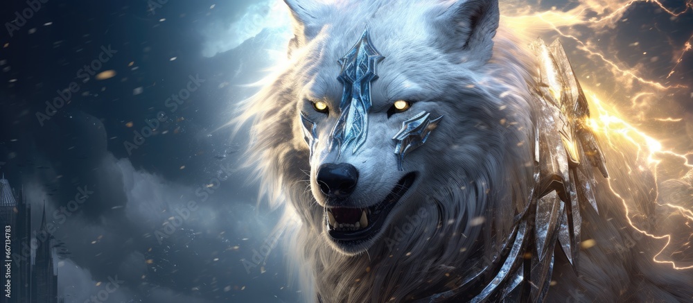 Icy wolf animal beast with gold jewelry and shield armour , epic ...